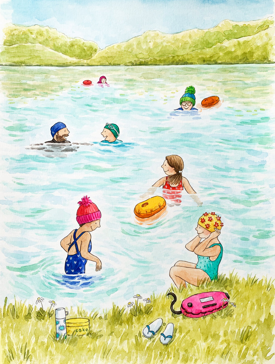 Taking a Dip - Original signed painting in watercolour and pencil cray ...